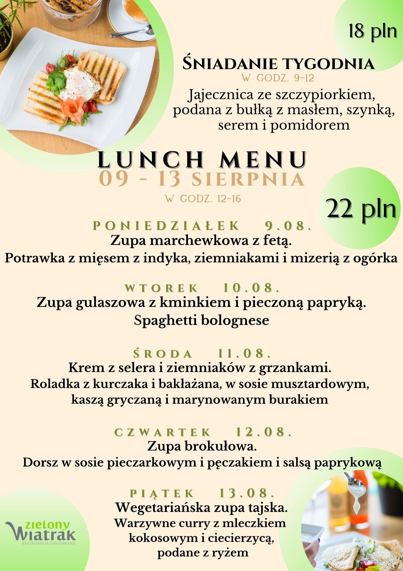 Zielony Wiatrak- Restauracja SPA Orkana » LUNCH MENU I ŚNIADANIE TYGODNIA
